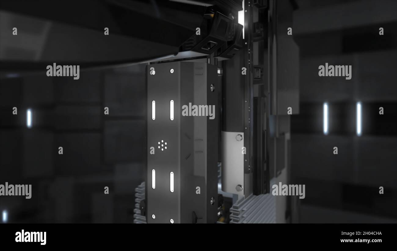 Close up of mechanism with opening technical flaps, view inside of ...