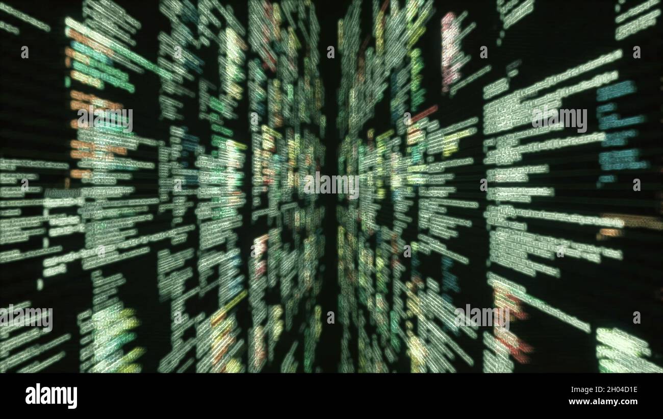 Computer script being typed endlessly on black background with blurred ...