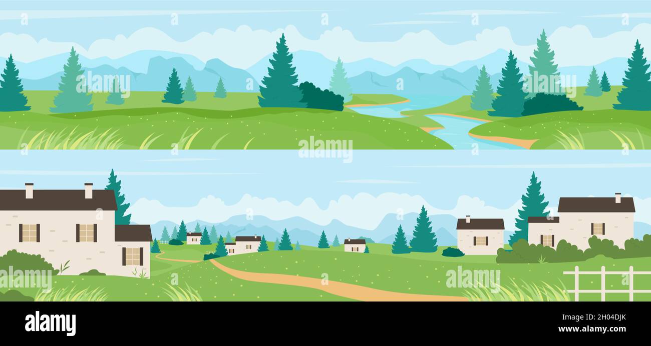 Mountain countryside summer landscape scene set vector illustration ...