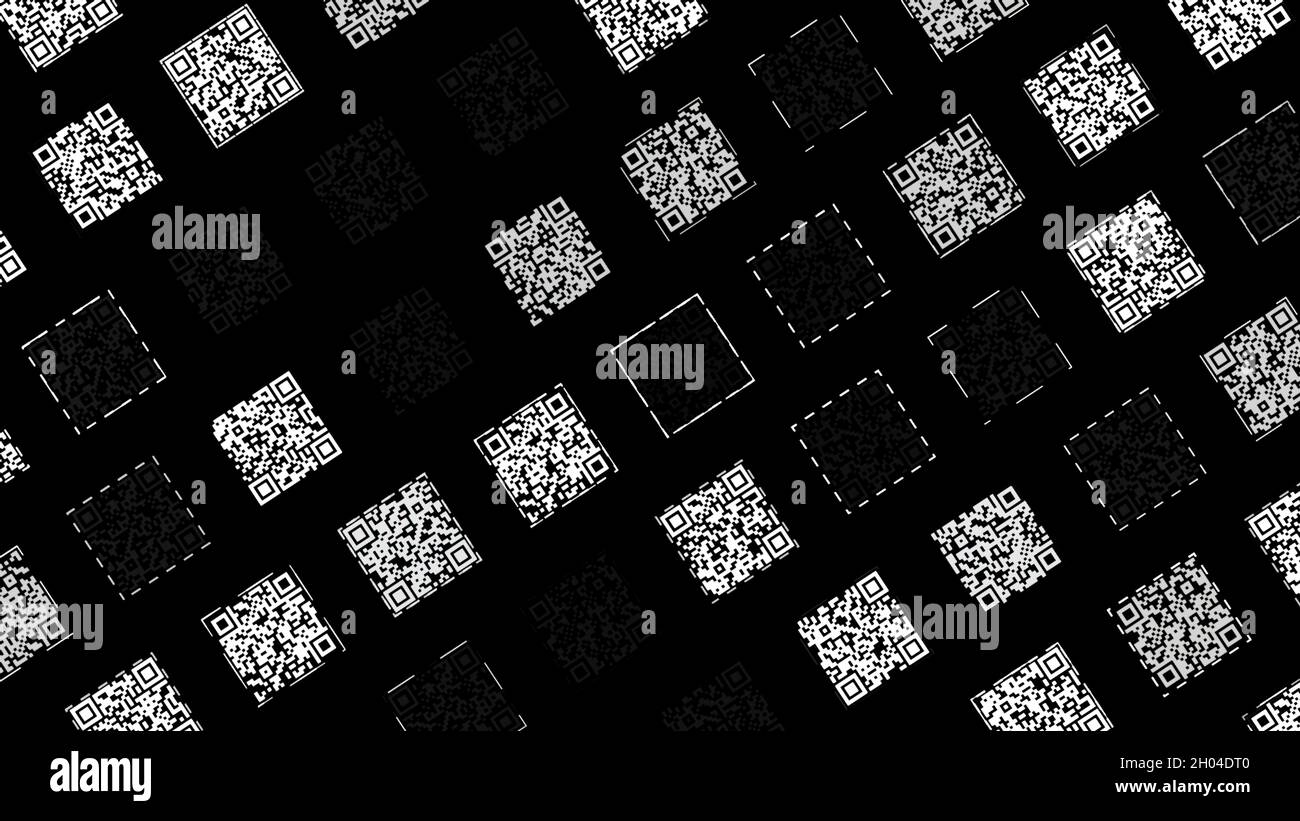 Abstract diagonal rows of square shaped black and white QR codes moving ...