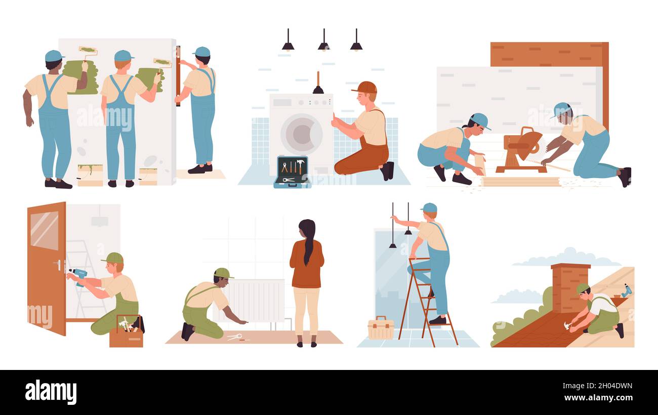 Repairman at work repair service set vector illustration. Cartoon ...