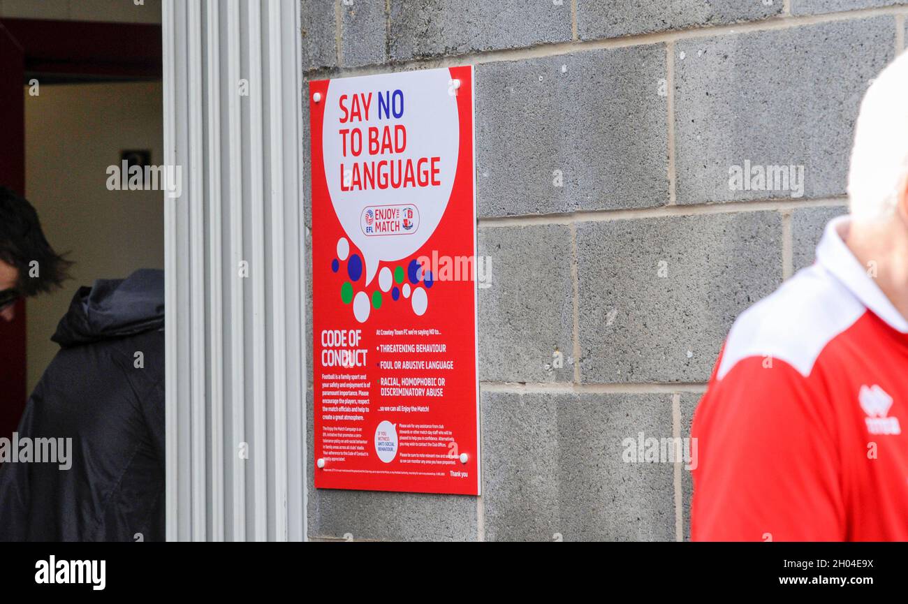 Anti bad language sign at Crawley Town football club match Stock Photo ...