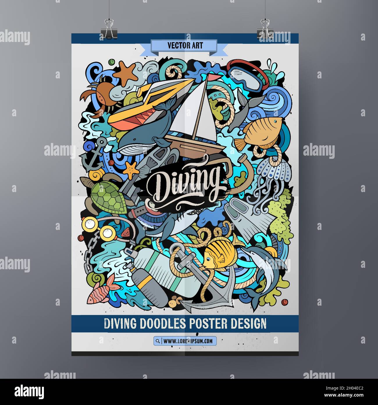 Cartoon colorful hand drawn doodles Diving poster template Stock Vector ...