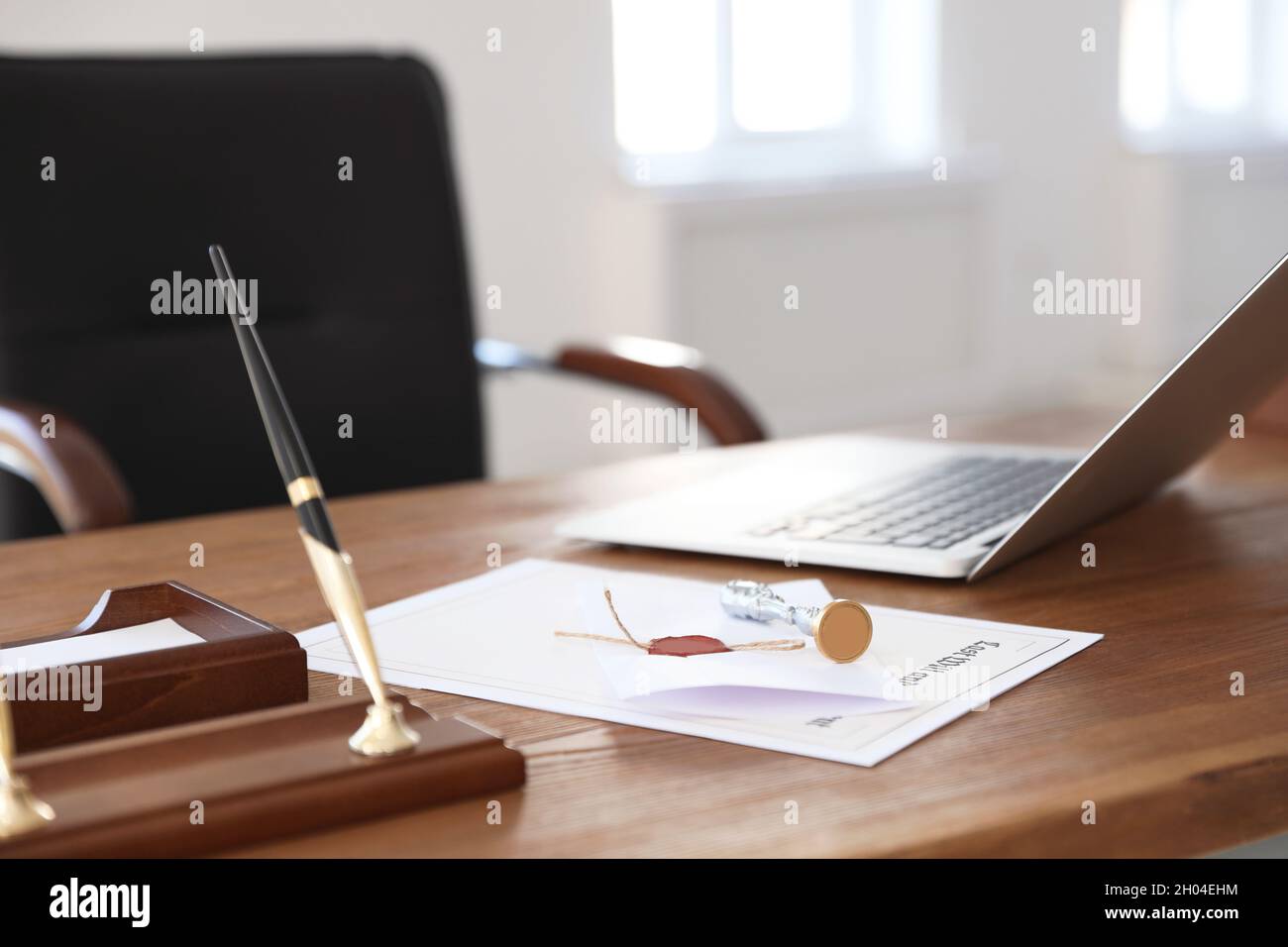 Vintage stamp, laptop and documents on desk in notary's office Stock ...