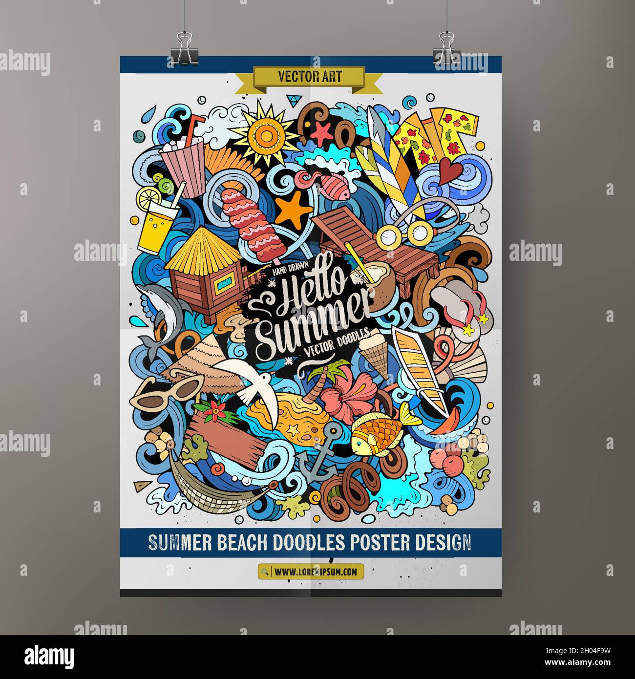 Cartoon vector doodles Summer Beach poster template Stock Vector Image ...