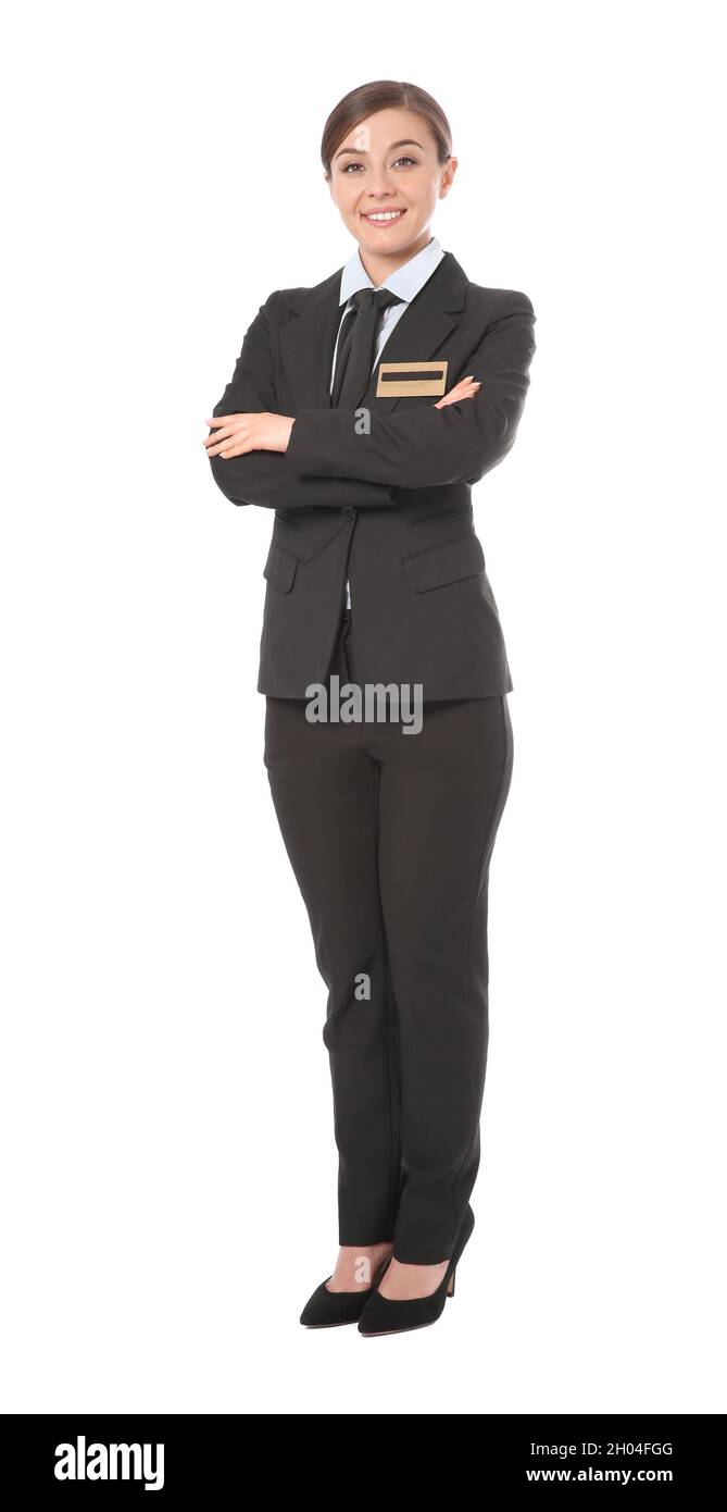 Portrait of female receptionist on white background Stock Photo - Alamy