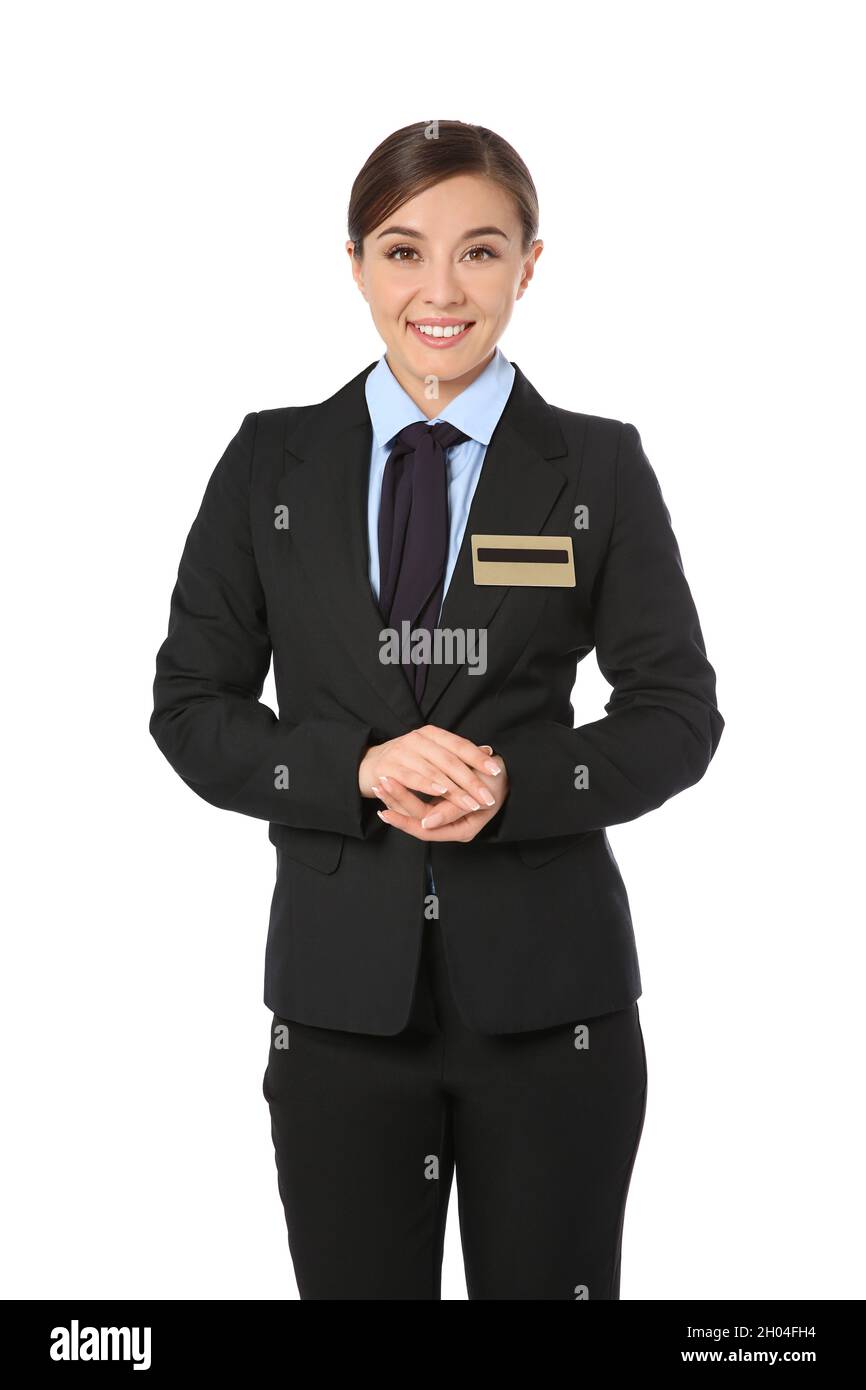Portrait of female receptionist on white background Stock Photo - Alamy