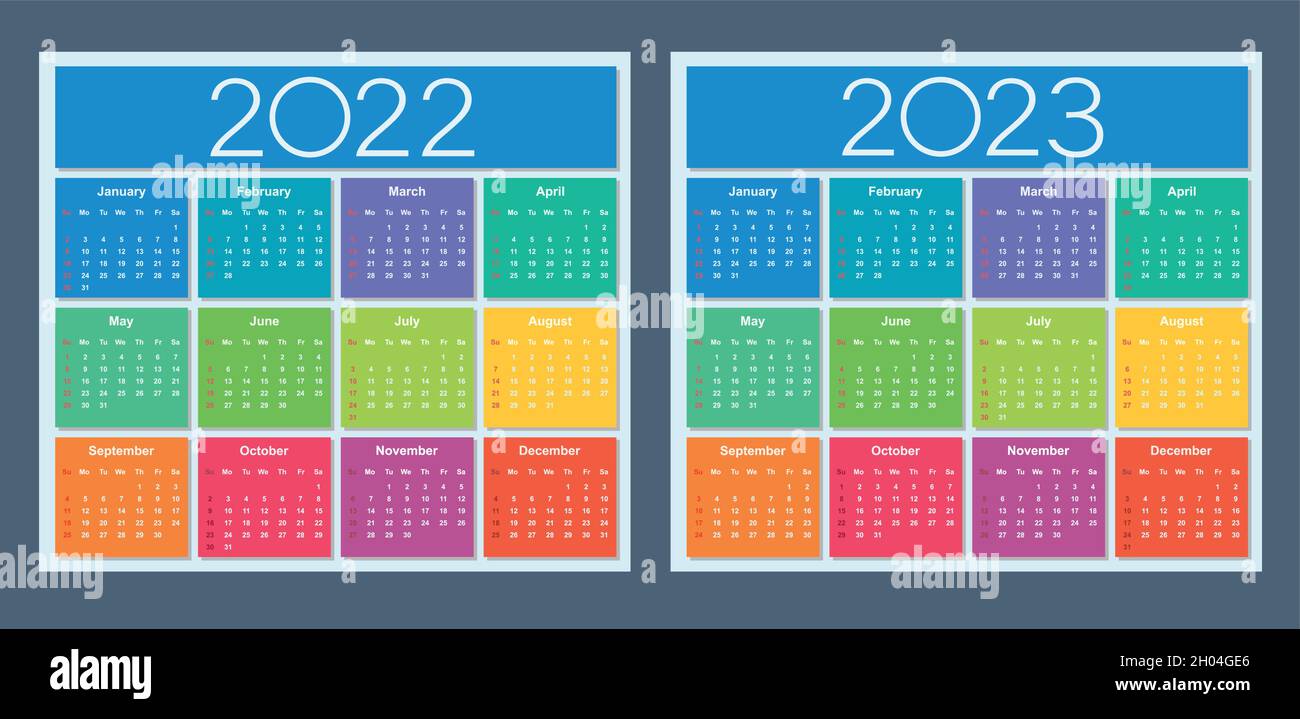 Colorful calendar for 2022 and 2023 years. Week starts on Sunday ...