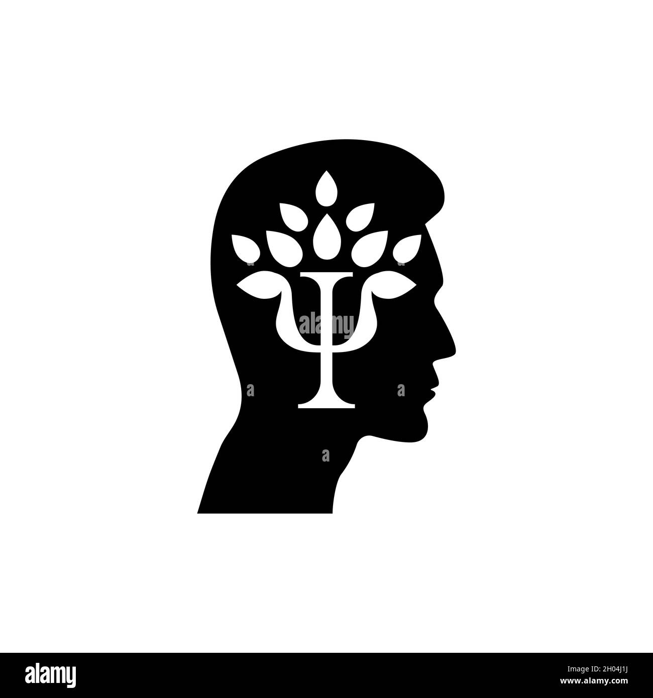 Profile of man, letter psi and tree with leaves. Psychology sign ...