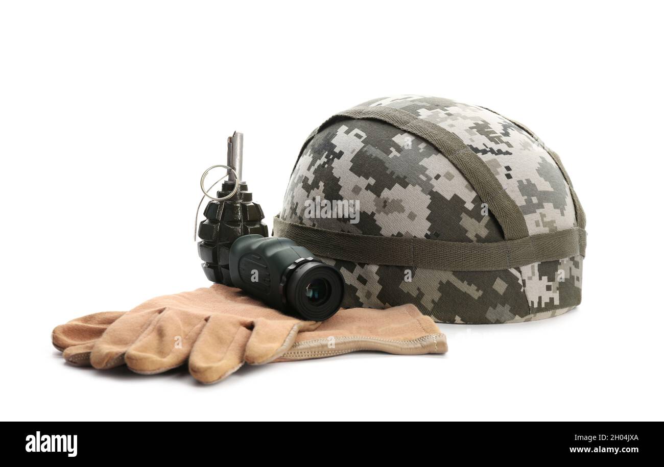 Set of military outfit on white background Stock Photo - Alamy