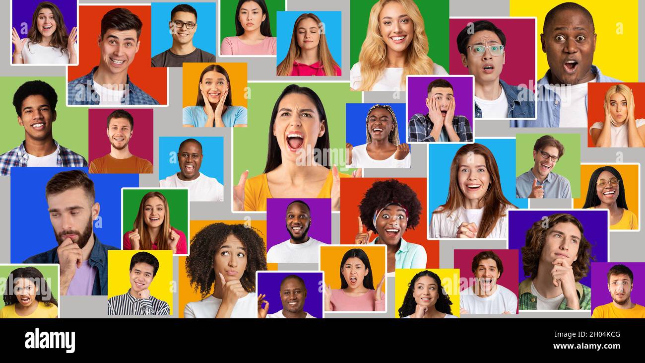 Diverse young people with negative and positive emotions, isolated on ...