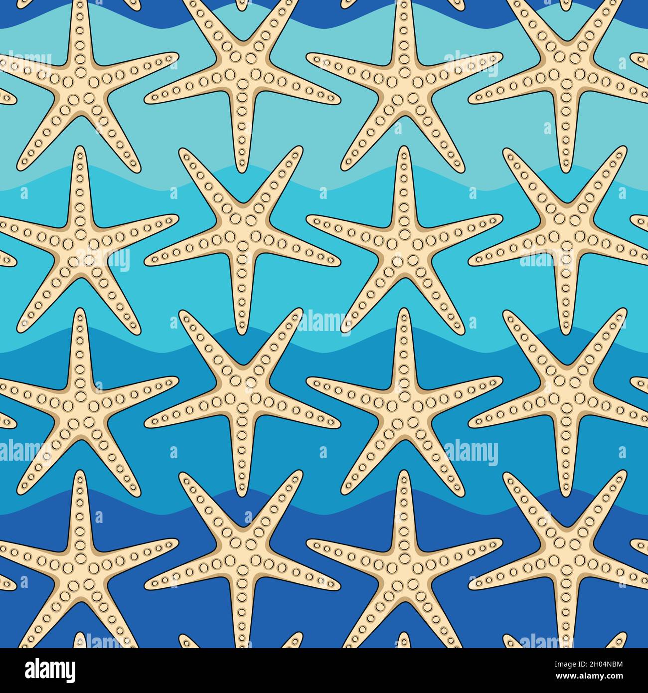 Seamless color pattern with starfish on a background of sea waves ...