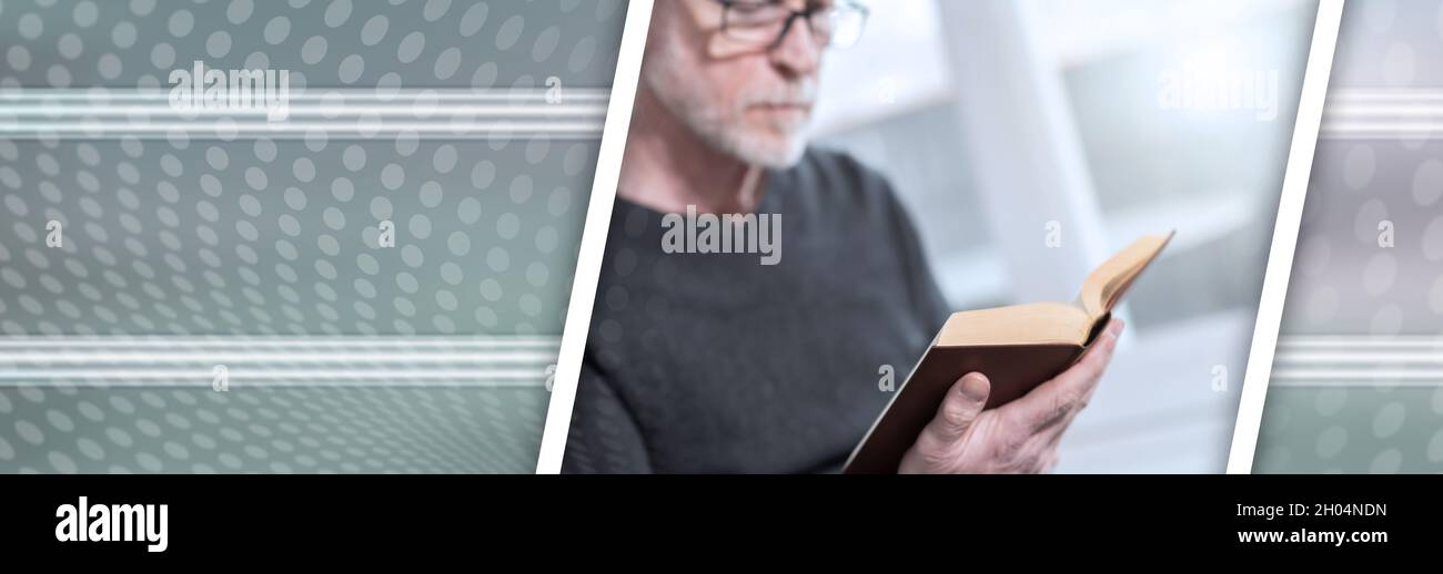Man sitting and reading a book; panoramic banner Stock Photo - Alamy