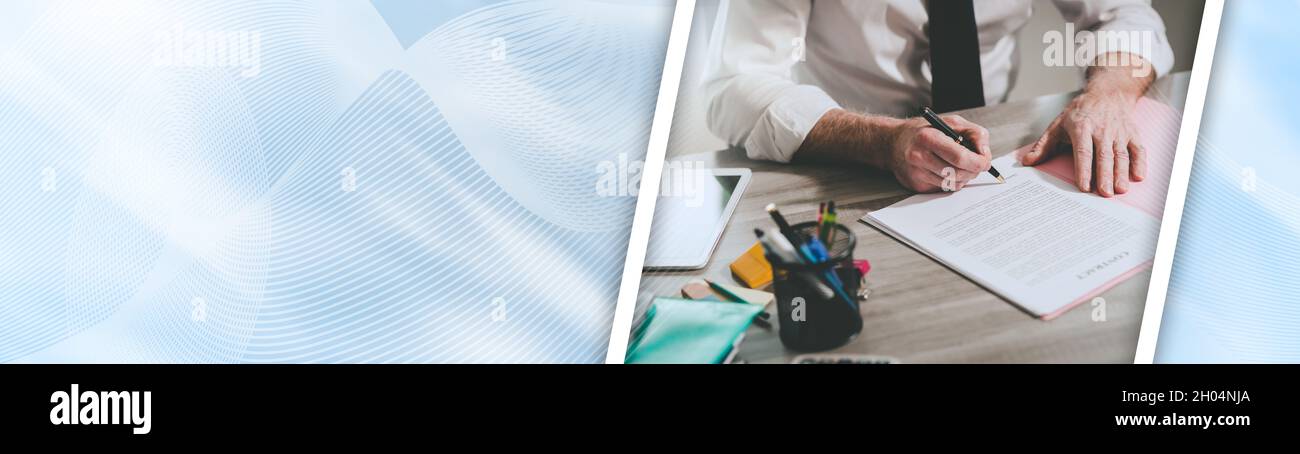Businessman signing a document in office (lorem ipsum text used ...