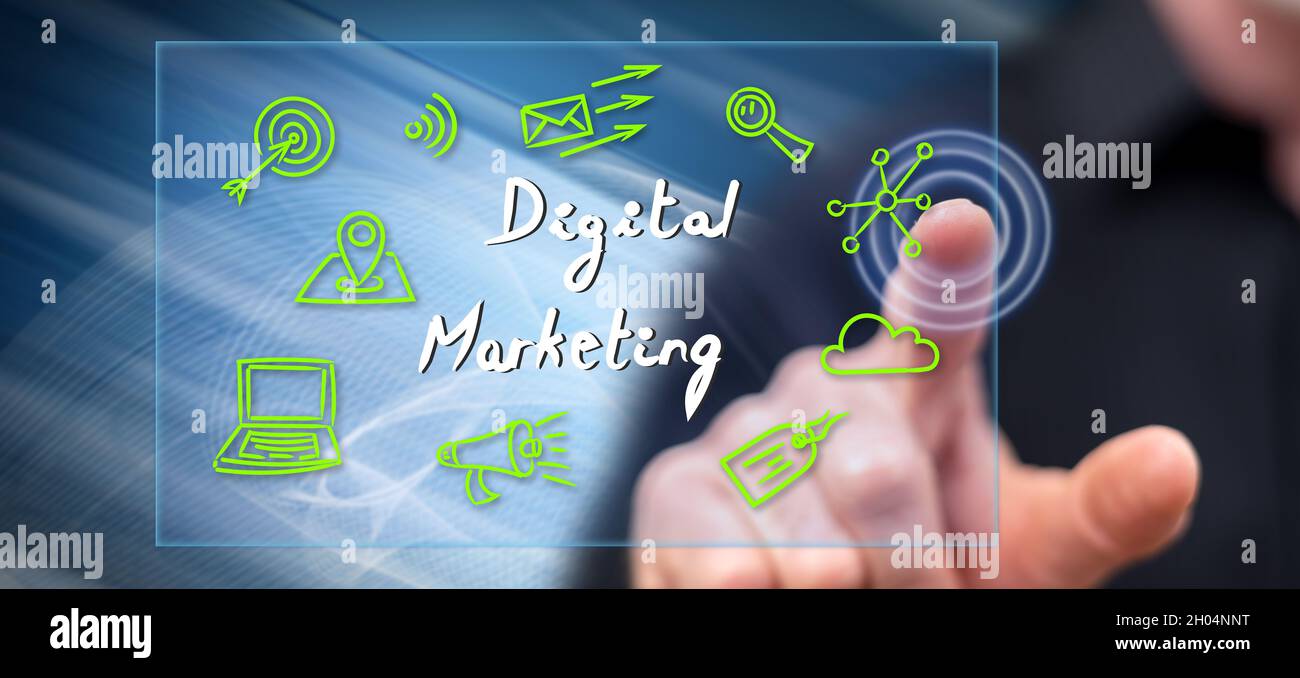 Man touching a digital marketing concept on a touch screen with his ...
