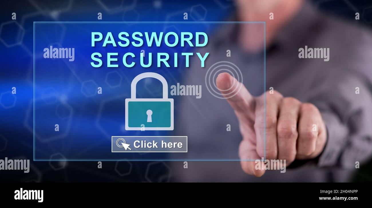 Man touching a password security concept on a touch screen with his ...