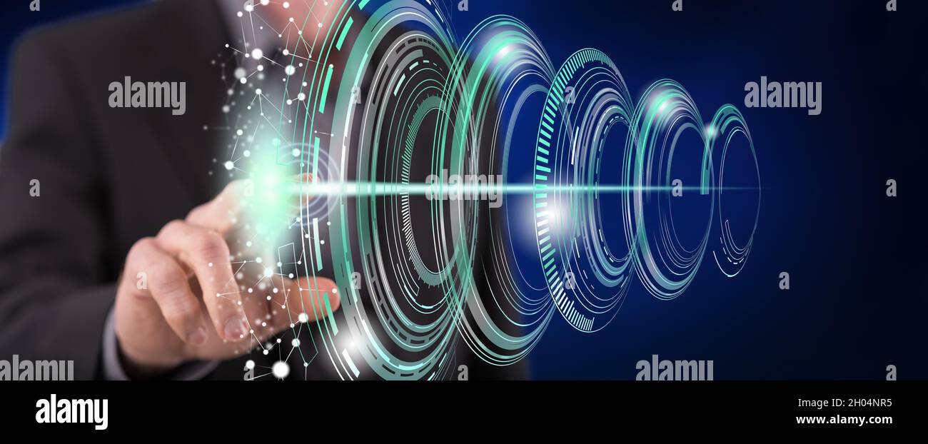 Man touching a technology concept on a touch screen with his finger ...