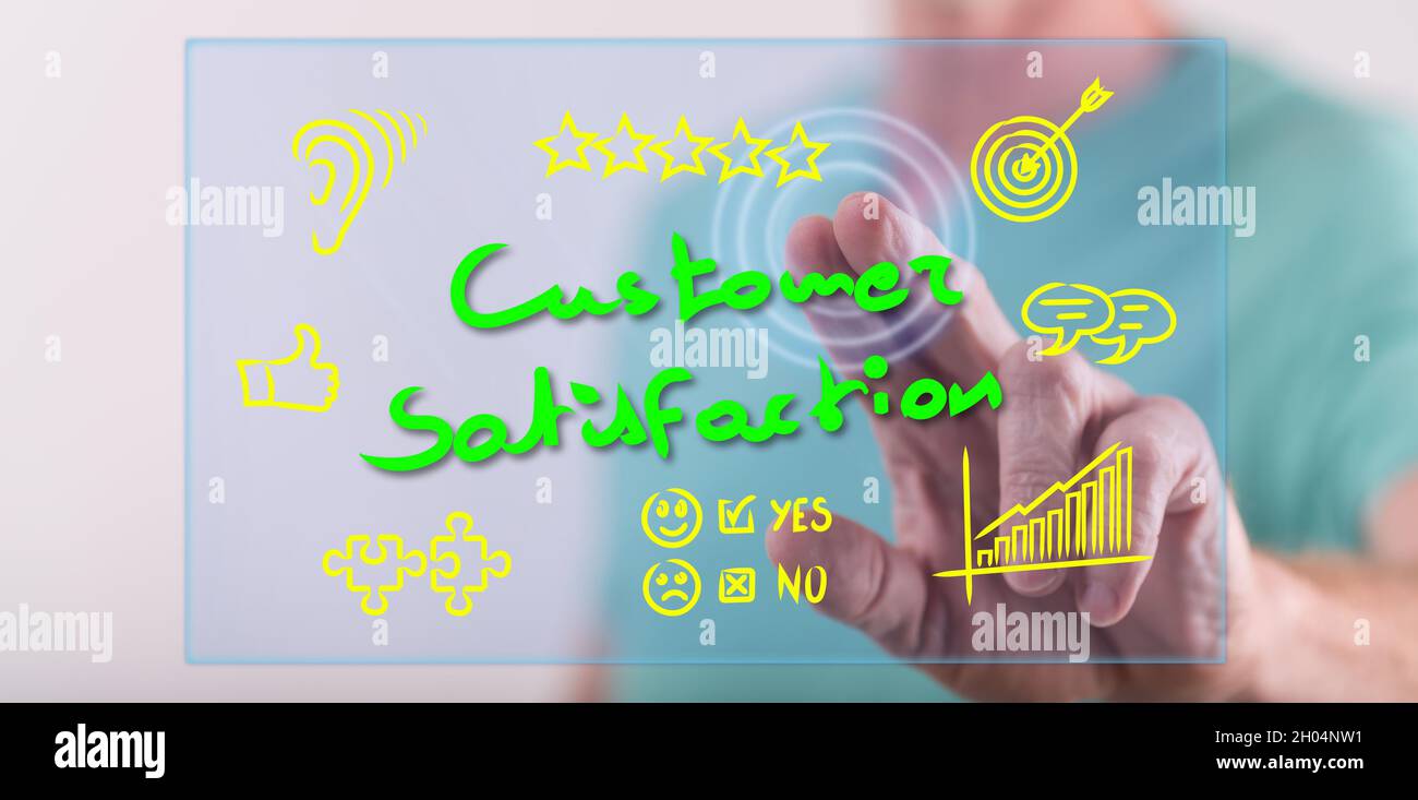 Man touching a customer satisfaction concept on a touch screen with his ...