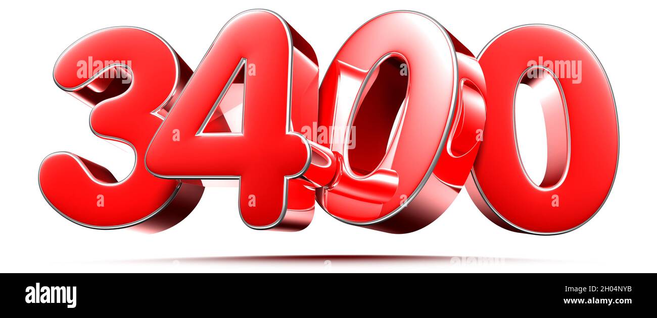 Rounded red numbers 3400 on white background 3D illustration with ...