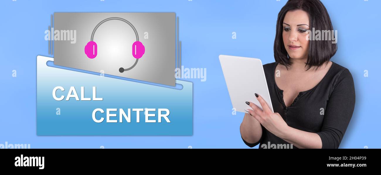 Woman using digital tablet with call center concept on background Stock ...