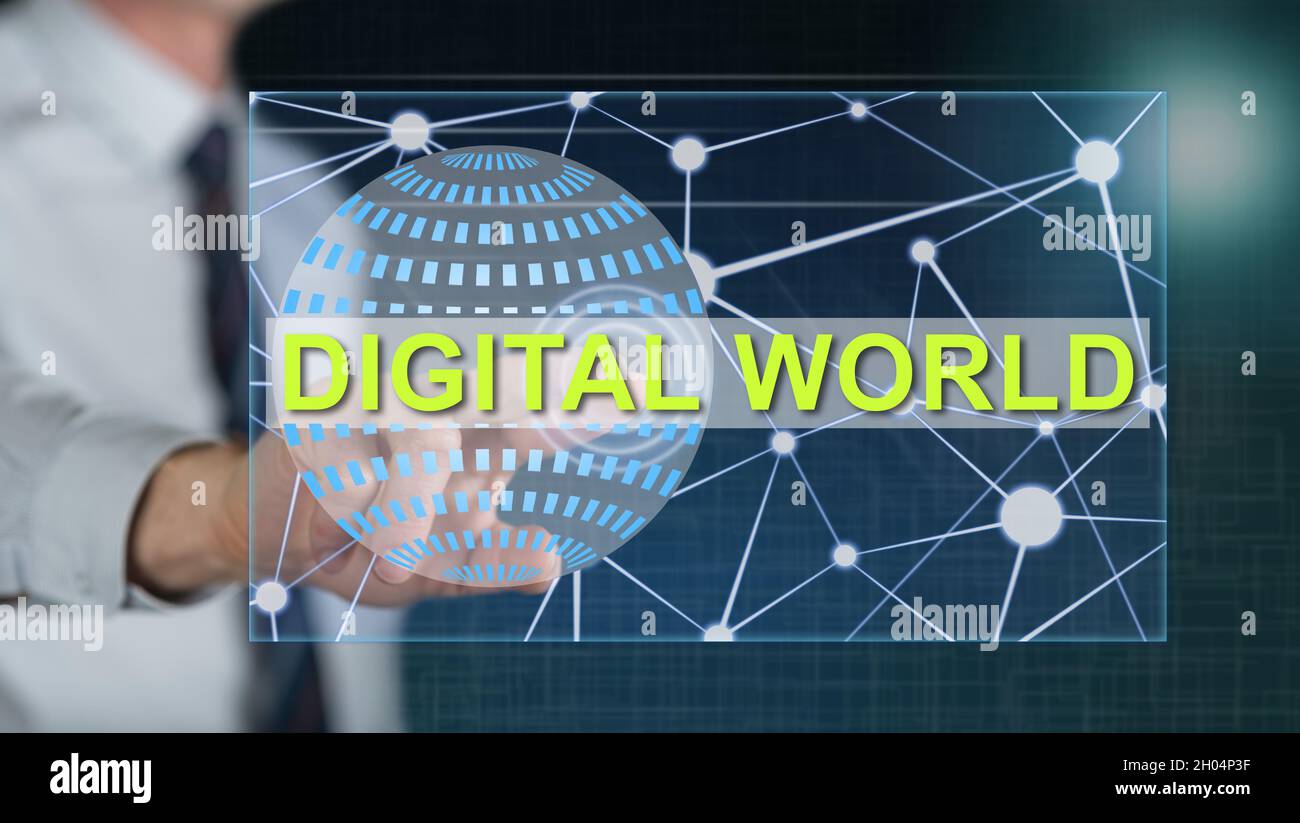 Man touching a digital world concept on a touch screen with his finger ...