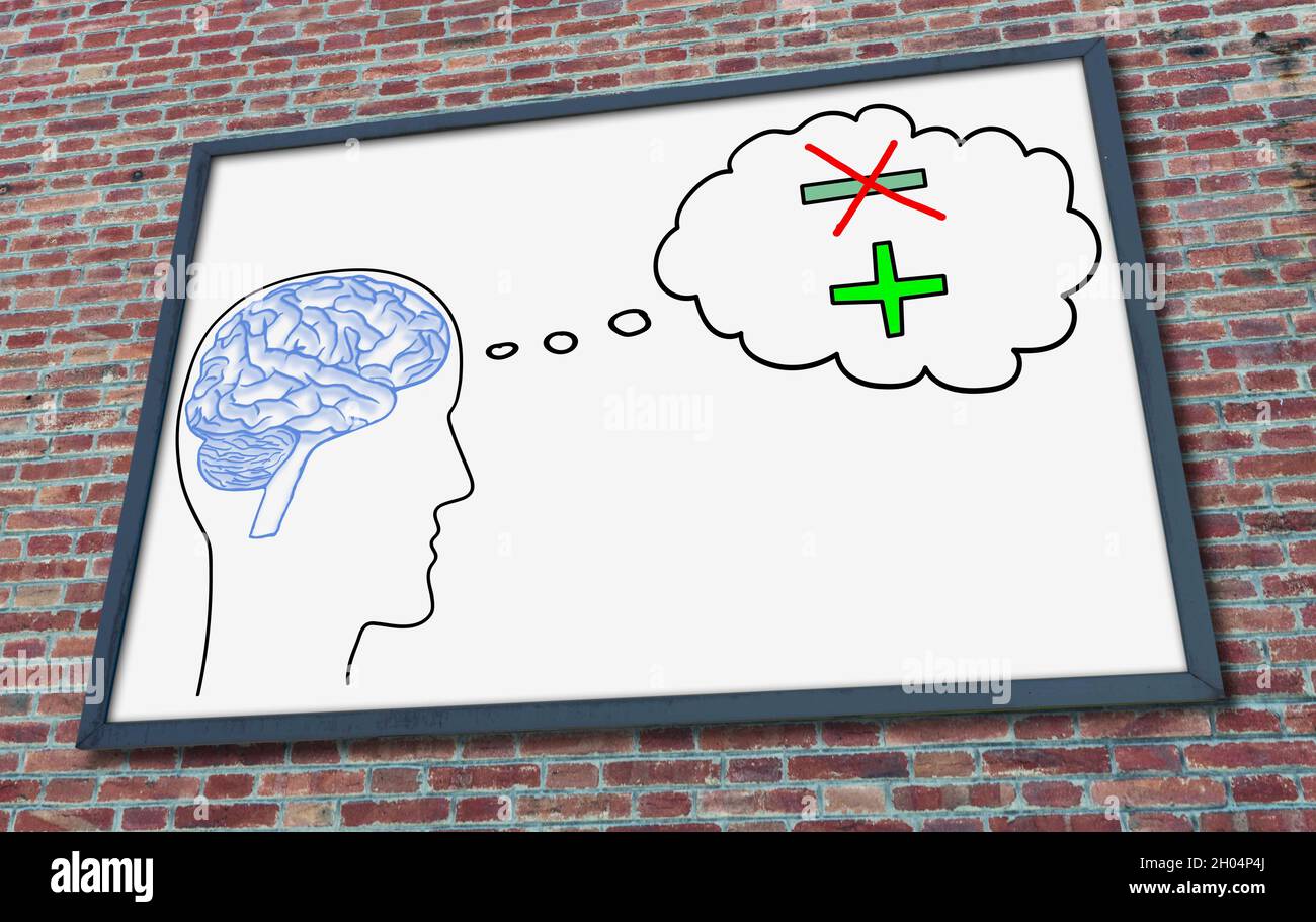 Positive thought concept drawn on a billboard fixed on a brick wall ...