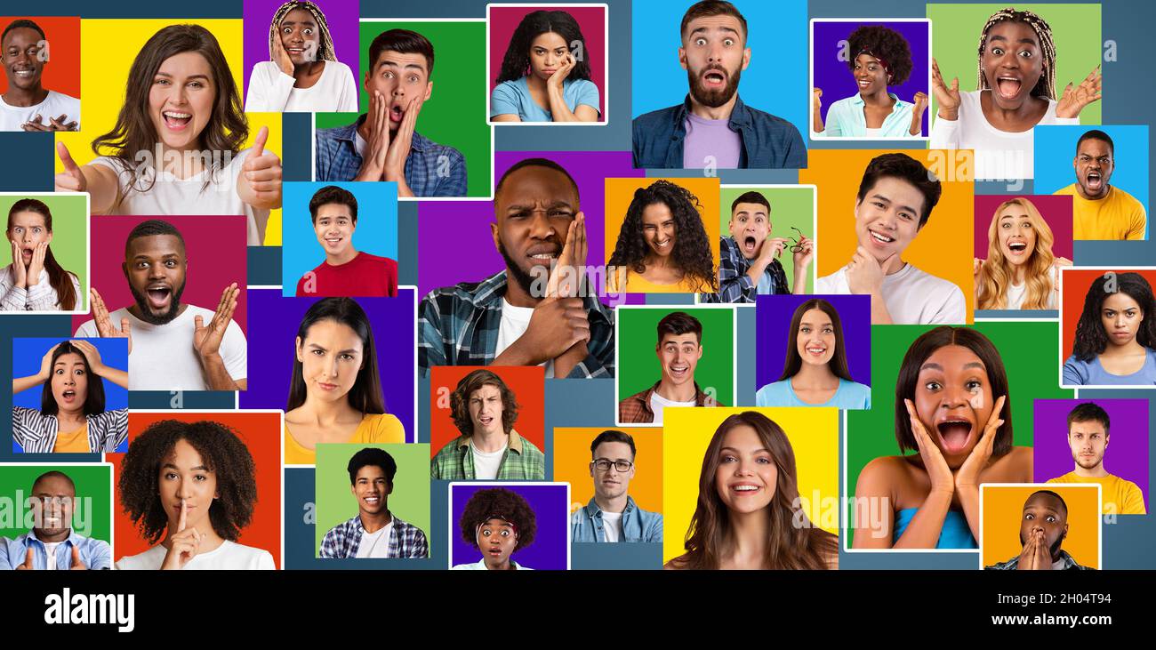 Set of multiple portraits with diverse real young people smiling, calm ...