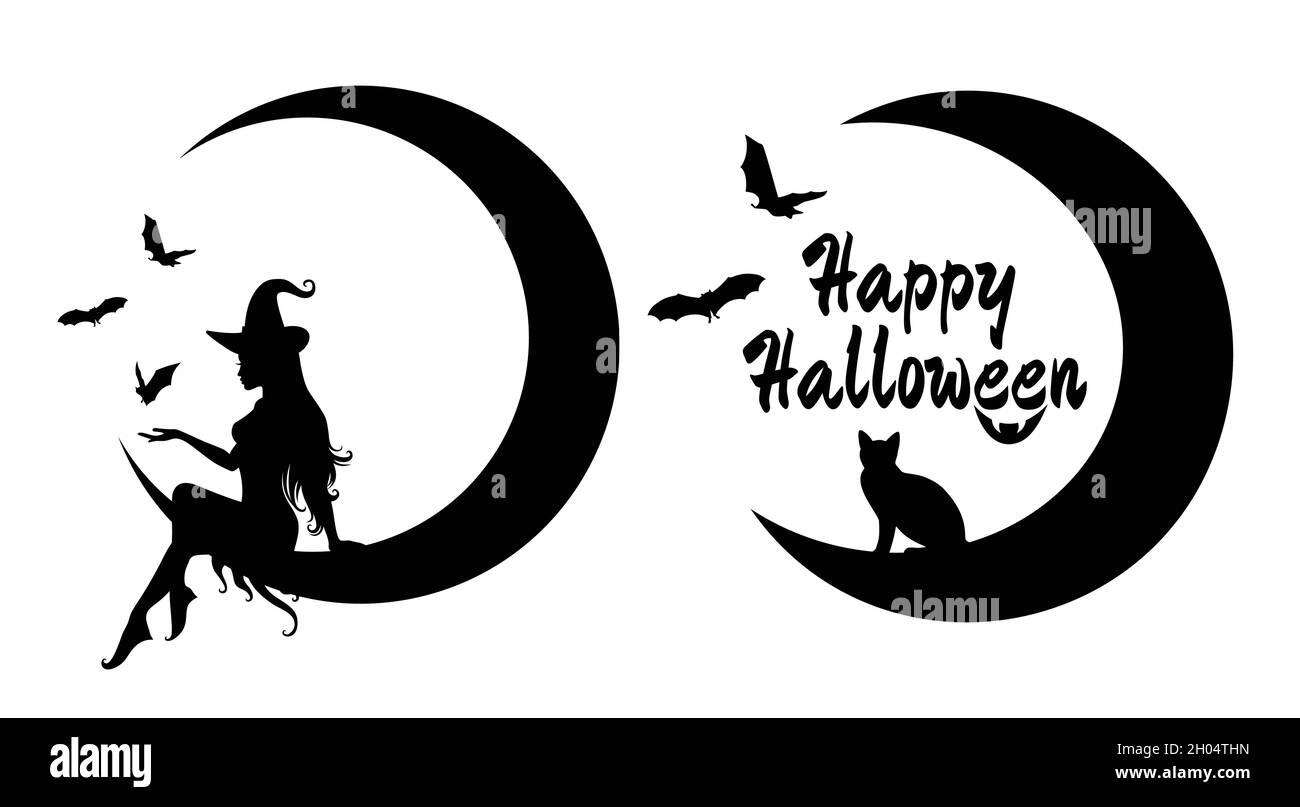 Set of silhouettes of witches with the moon Stock Vector Image & Art ...