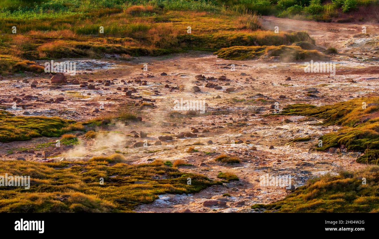Steaming, sulfuric, active fumaroles near Pauzhetskaya Geothermal Power ...
