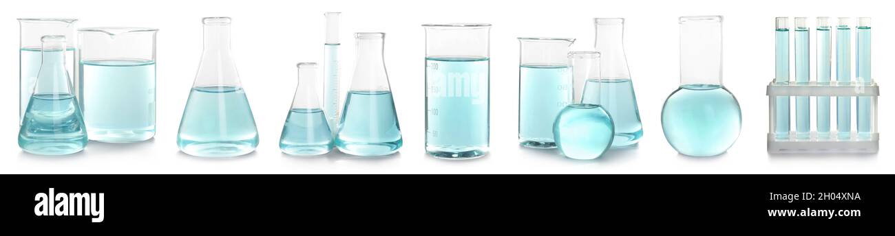Set with laboratory glassware for chemical analysis on white background ...