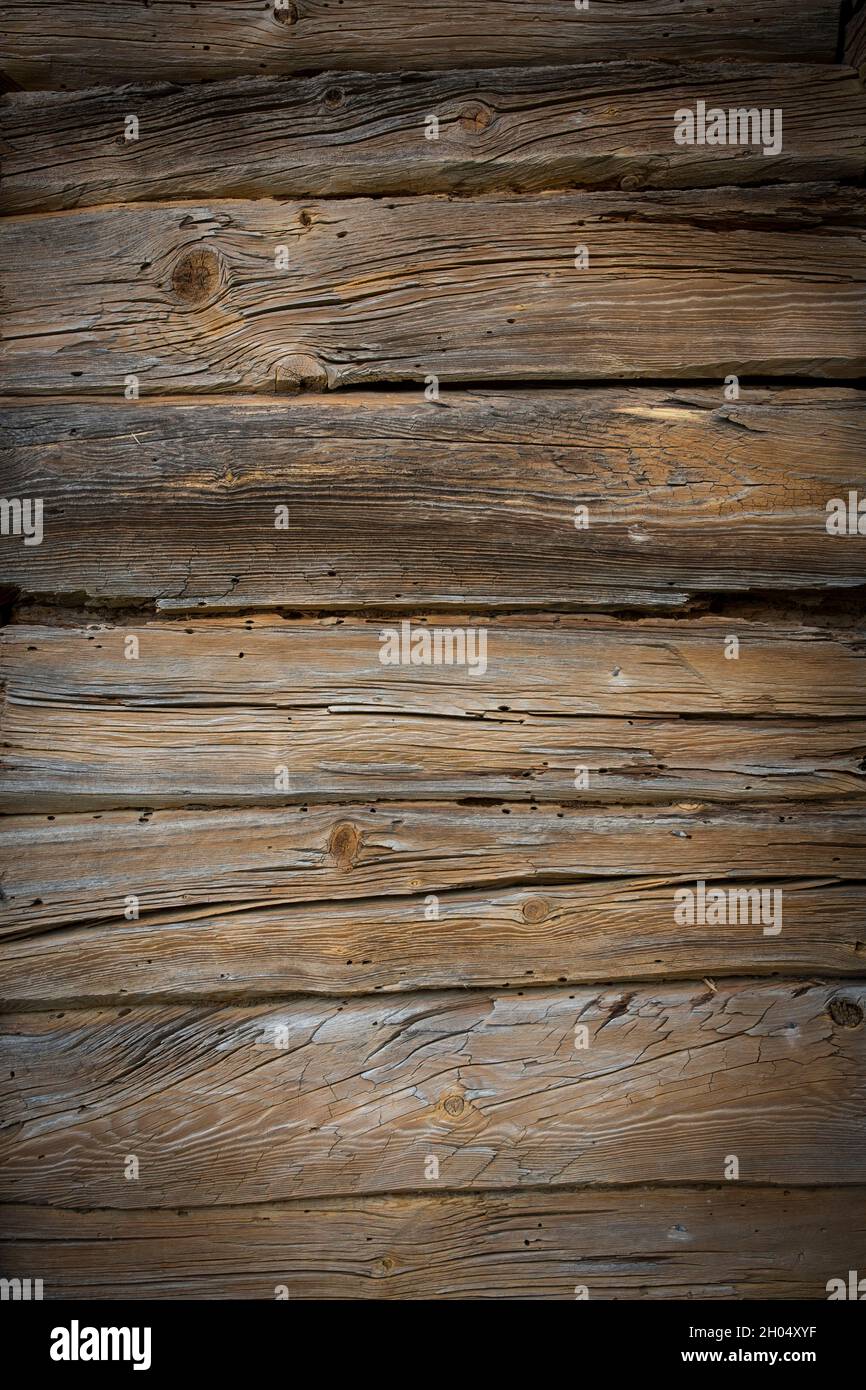 Wooden logs of an old house. Close-up. Weathered natural gray wood ...