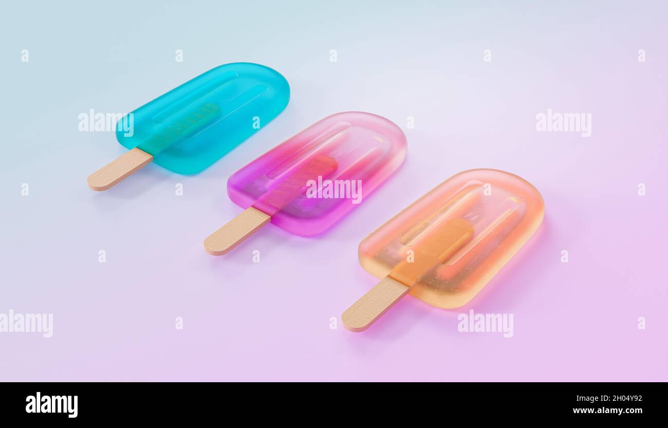 Frozen fruit popsicles on gradient background, 3d minimal render Stock ...