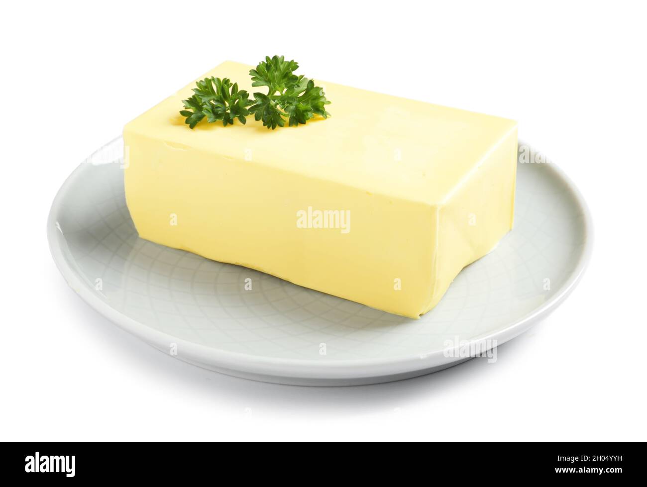 Ceramic plate with block of fresh butter on white background Stock ...