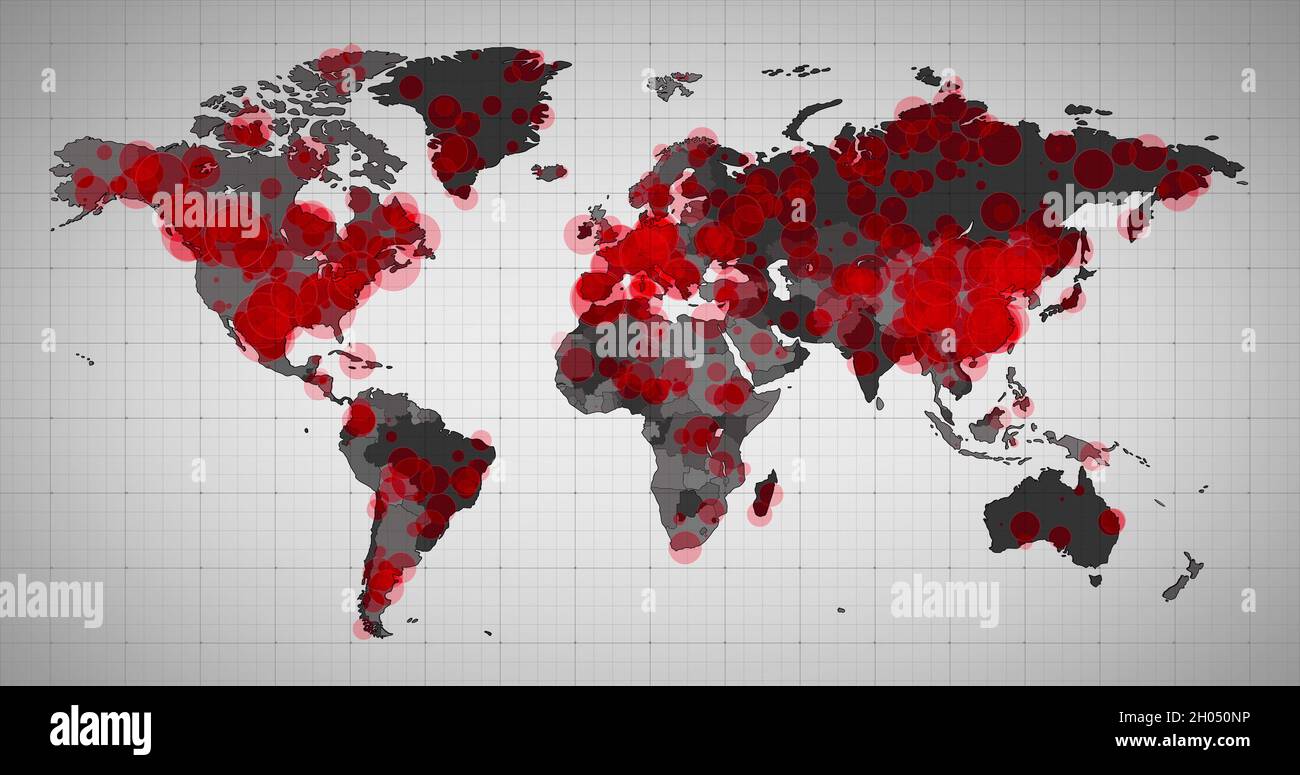 Image of the world map and countries turning red through circles in a ...