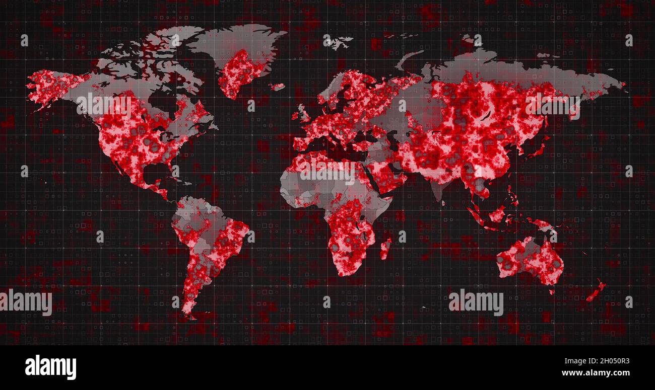 Image of the world map and countries turning red through circles in a ...