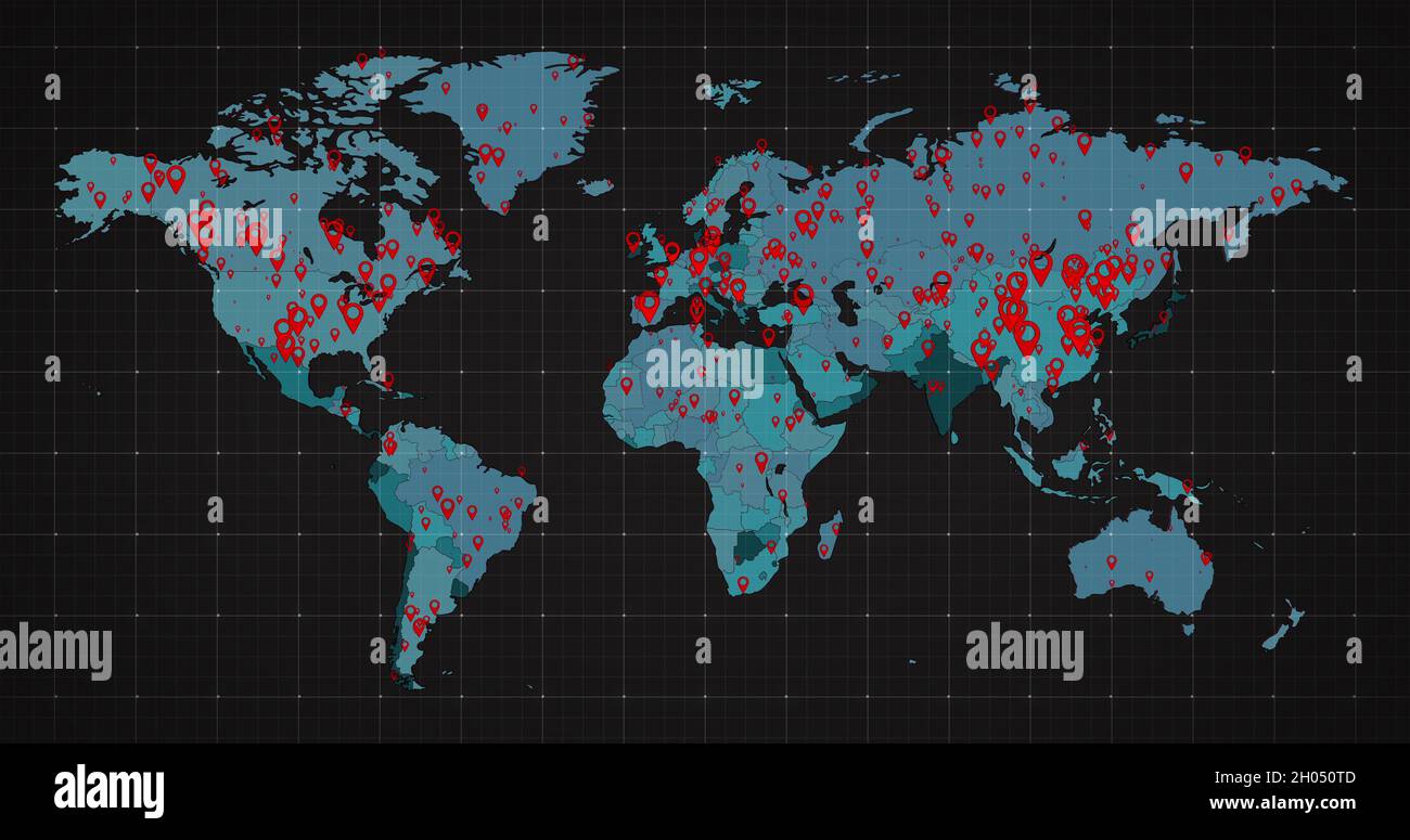 Image of the world map and countries turning red through circles in a ...