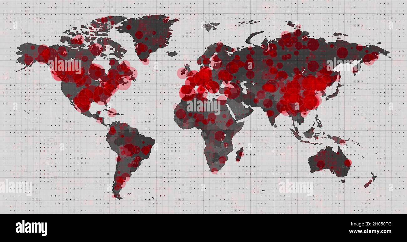 Image of the world map and countries turning red through circles in a ...