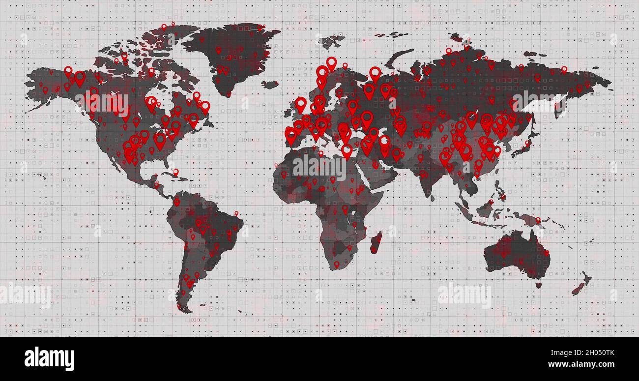 Image of the world map and countries turning red through circles in a ...