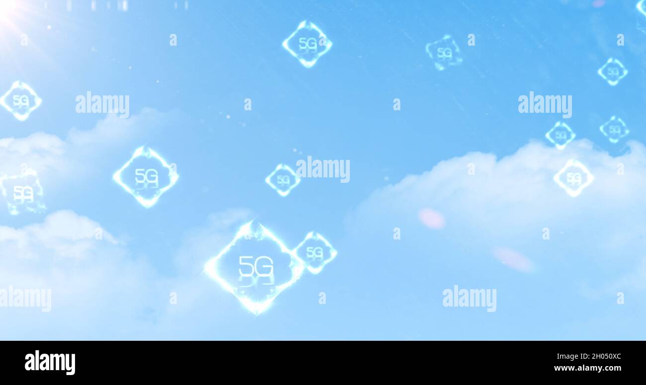 Digital image of multiple 5g text floating against clouds in blue sky ...