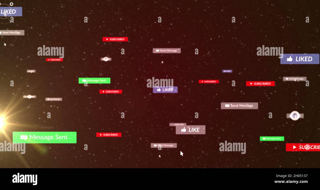 Image of cursors over social media icons and text on multi coloured banners on night sky Stock ...