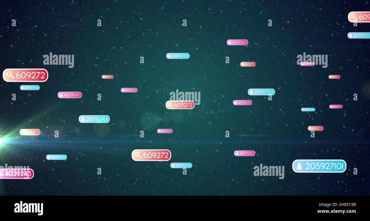 Image of cursors over social media icons and numbers on multi coloured ...