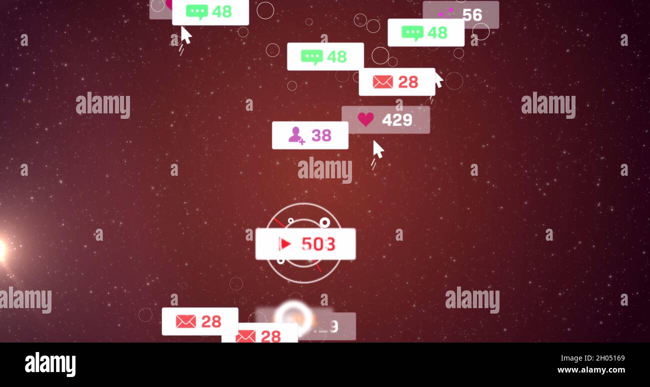 Image of cursors over social media icons and numbers on white banners ...