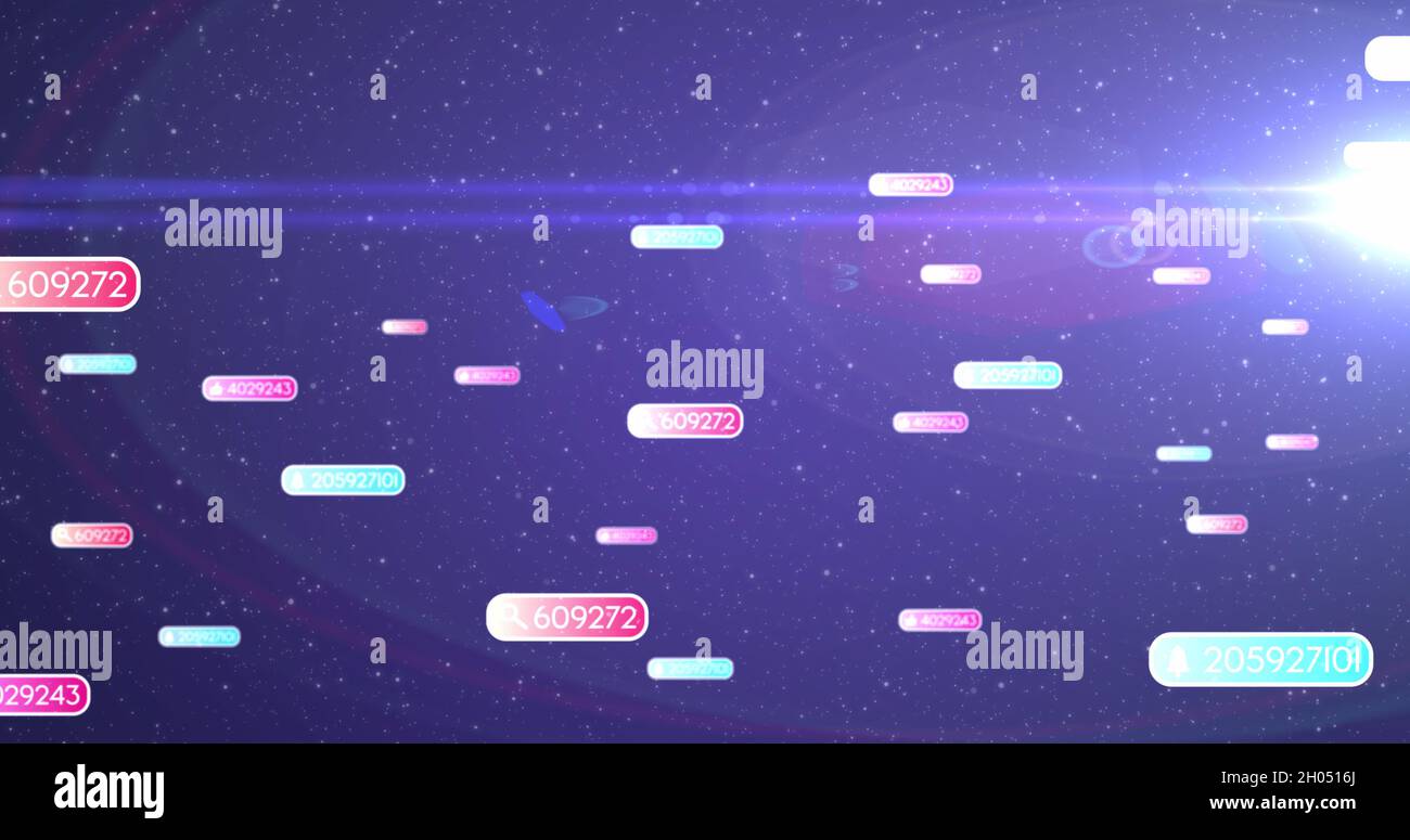 Image of cursors over social media icons and numbers on multi coloured banners on night sky ...