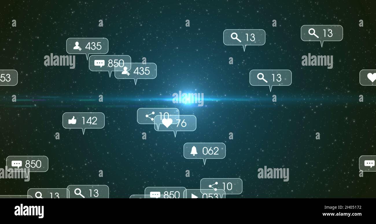 Image of social media icons and numbers on grey banners over stars on ...