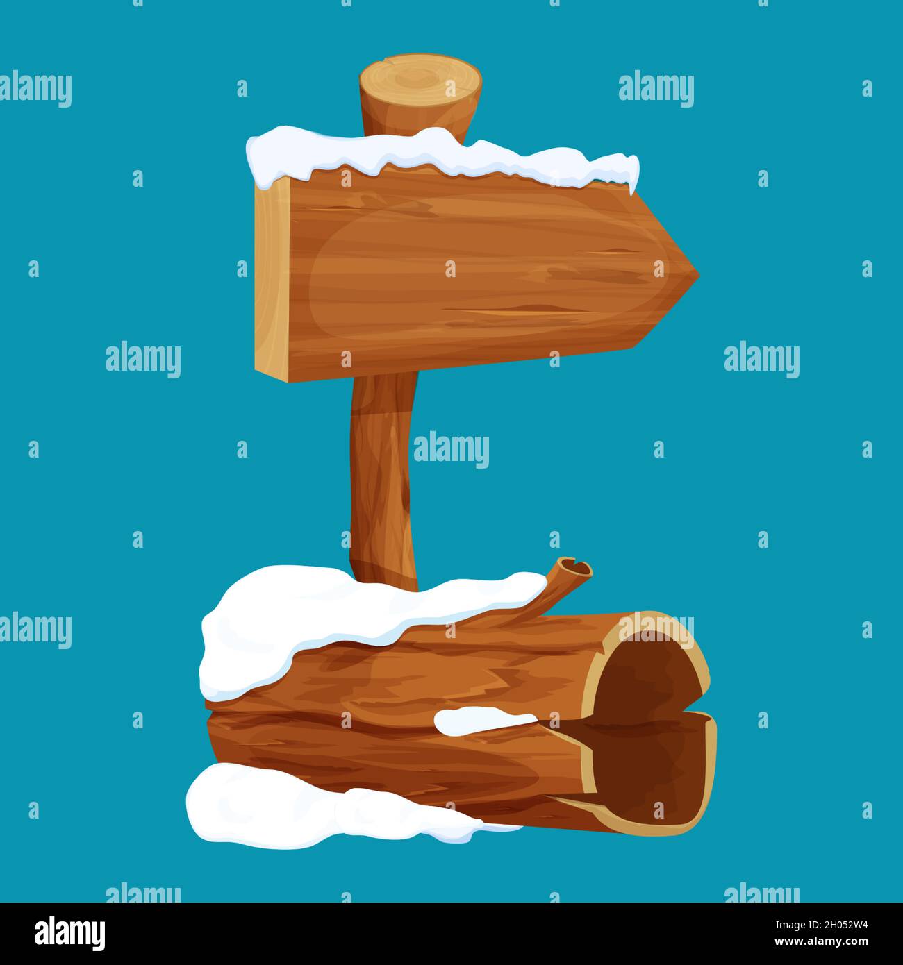 Old tree log and arrow signboard with snow in cartoon style isolated on ...