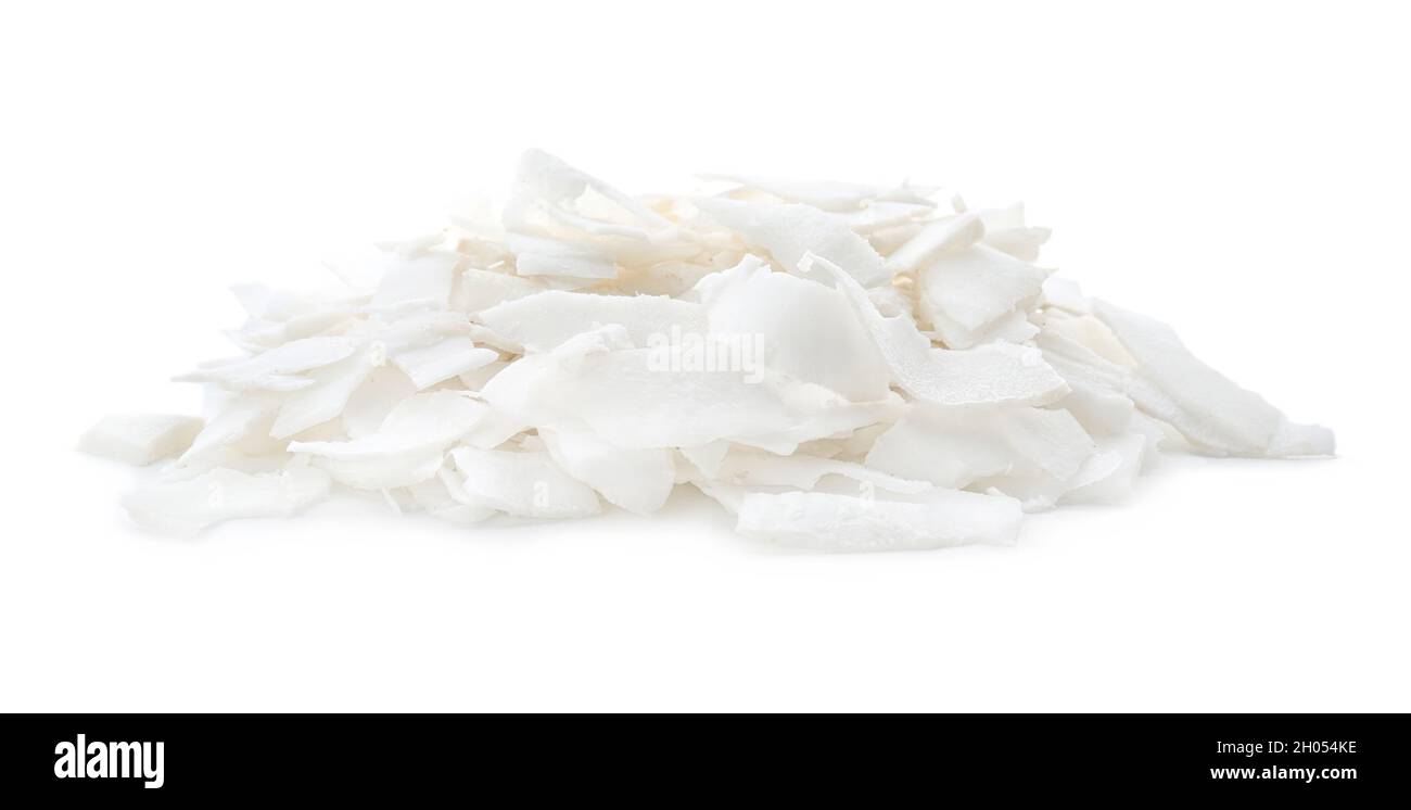 Fresh coconut flakes on white background Stock Photo - Alamy