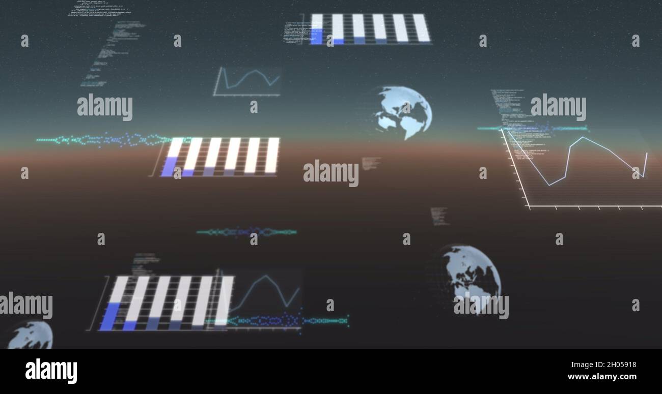 Image of data processing, globes spinning and statistics recording on gradient background Stock ...