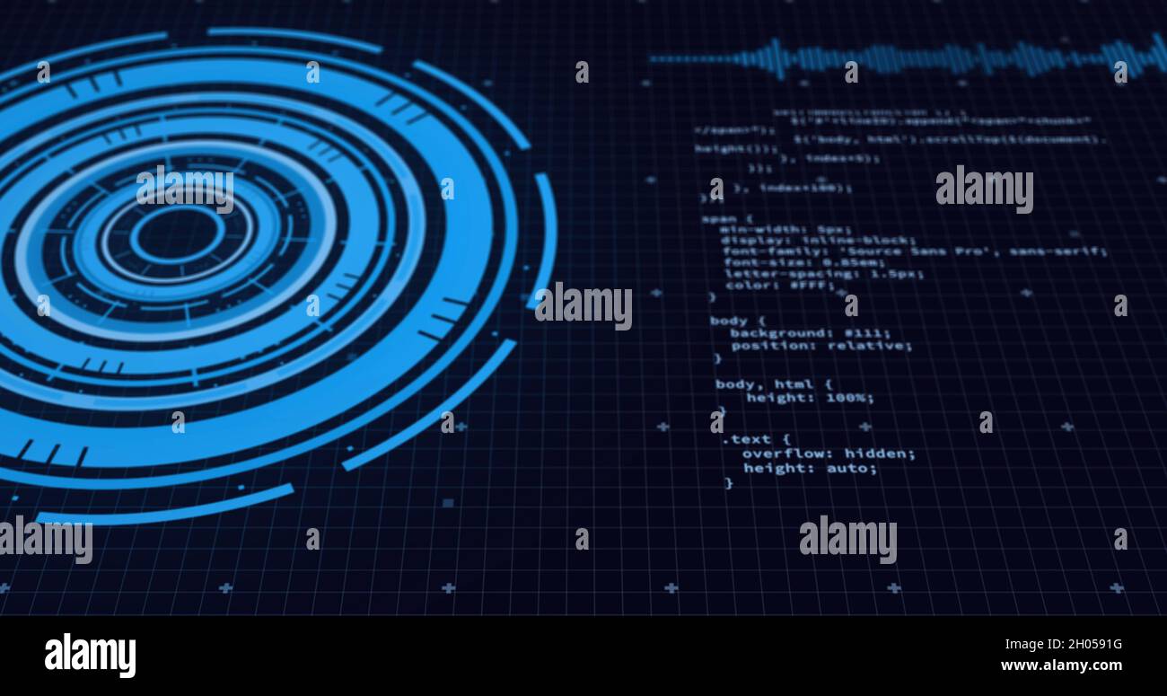 Image of data processing on screens and scope scanning over black background Stock Photo - Alamy