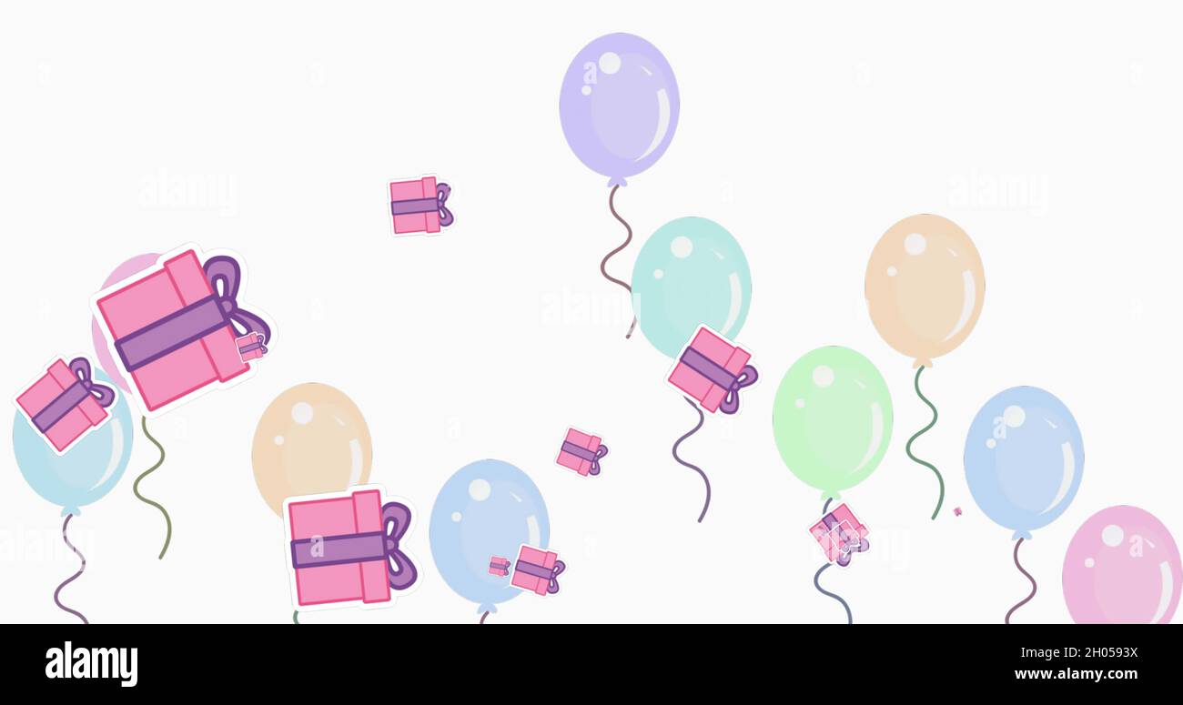 Image of falling balloons and gifts over white background Stock Photo ...