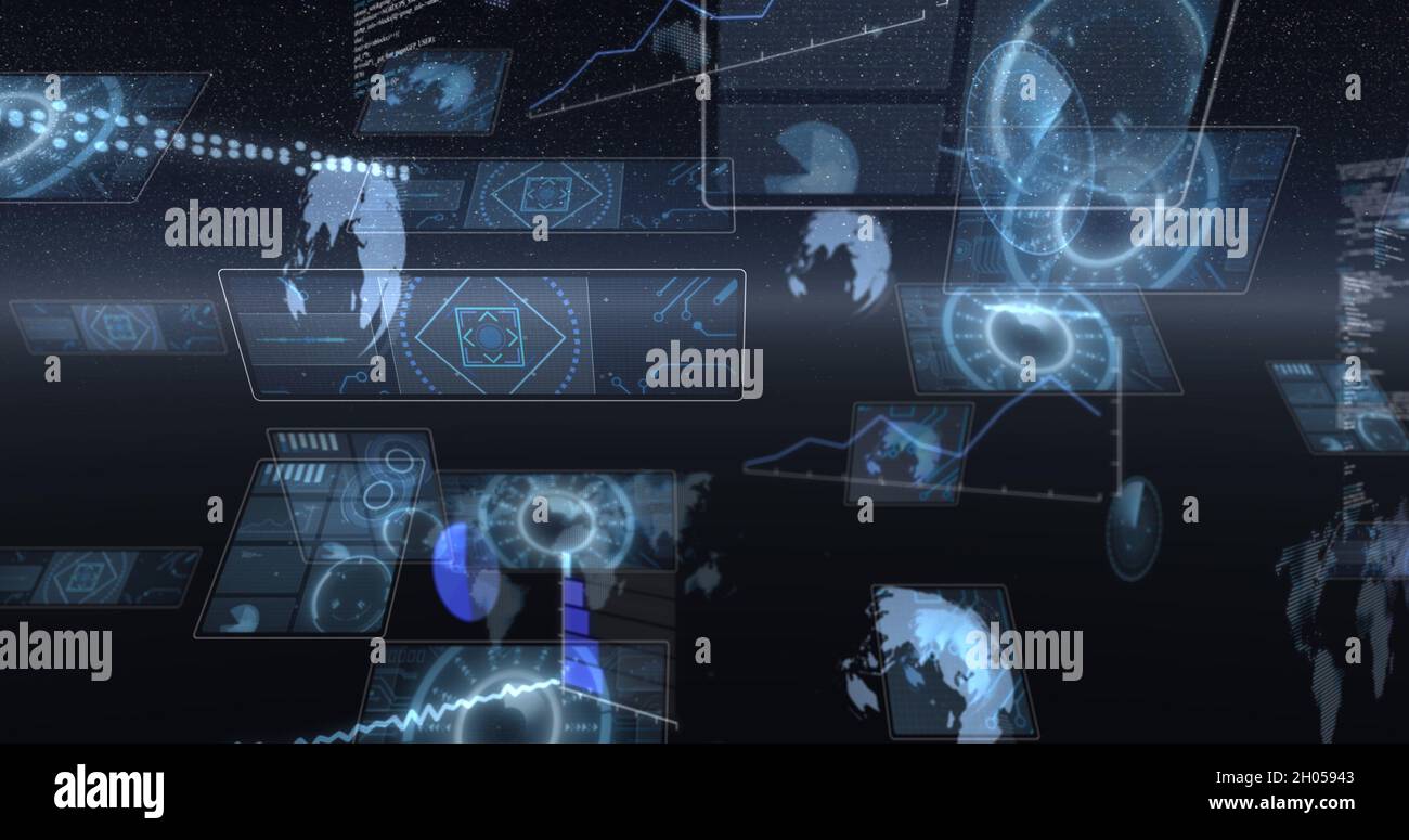 Image of data processing and scopes scanning on screen over glowing horizon Stock Photo - Alamy